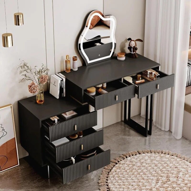 Black Modern Vanity Table with Retractable Design, Lighted Mirror, and ...
