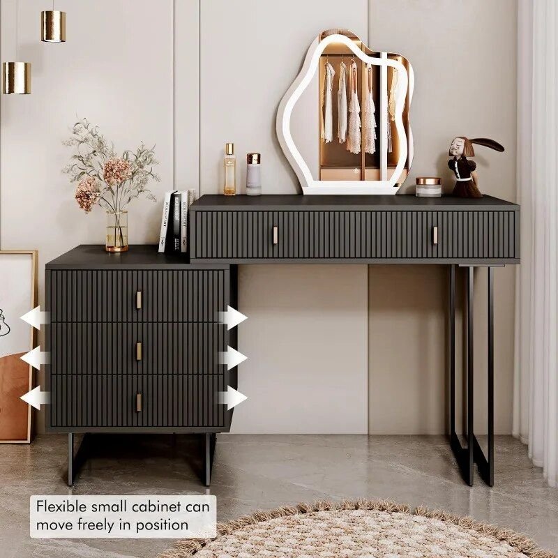 Black Modern Vanity Table with Retractable Design, Lighted Mirror, and ...