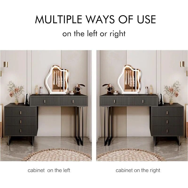 Black Modern Vanity Table with Retractable Design, Lighted Mirror, and ...