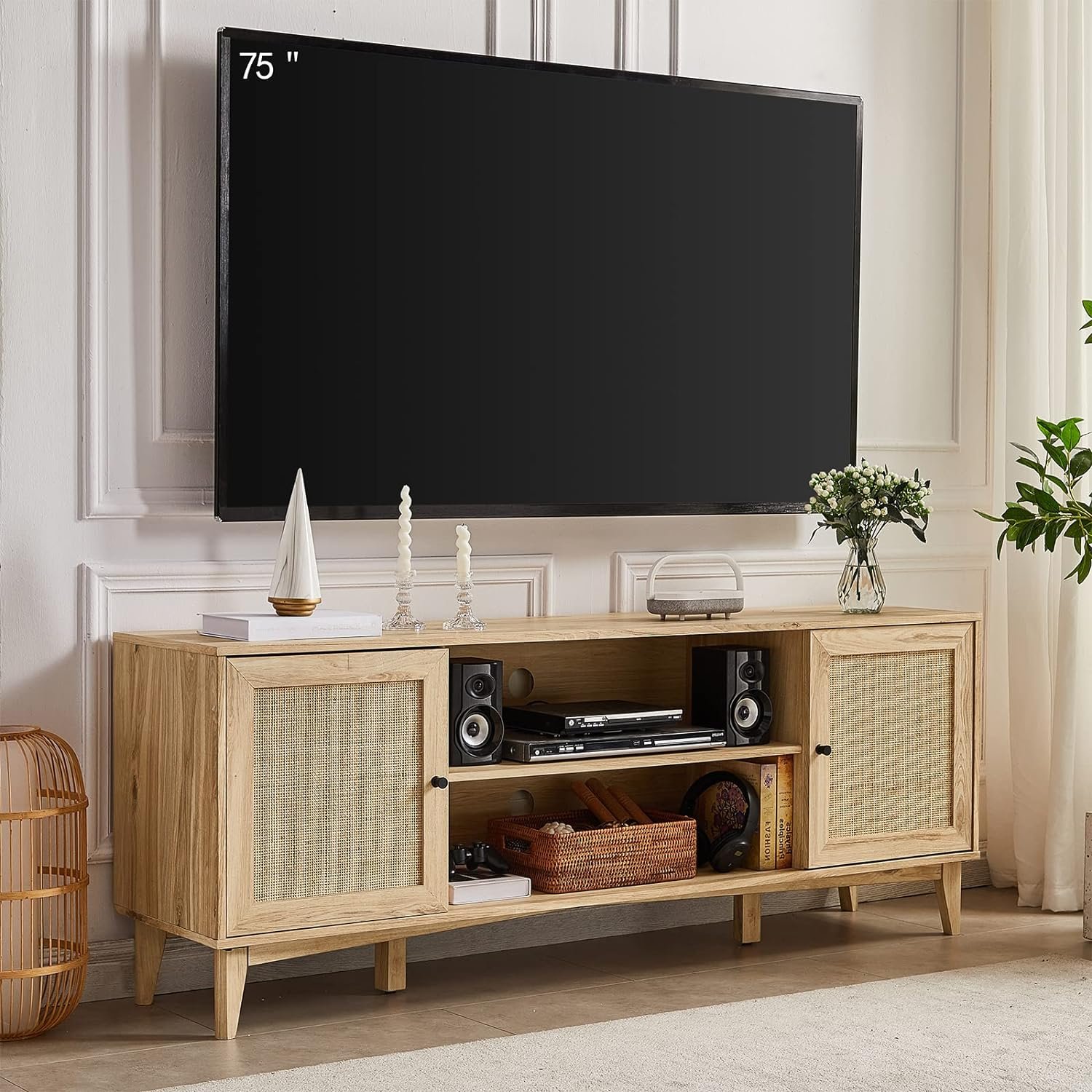 Boho-Chic Oak Wood TV Stand with Storage for 75+ Inch TVs