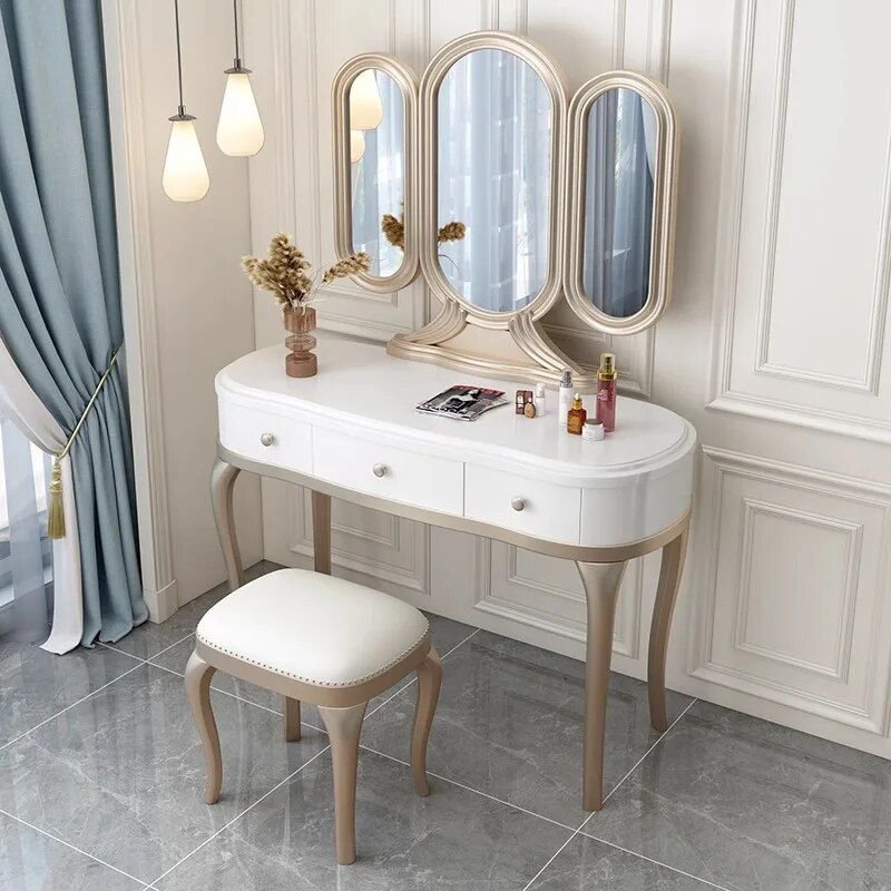 Elegant Solid Oak Wood Dressing Table Set with Mirror and Stool ...