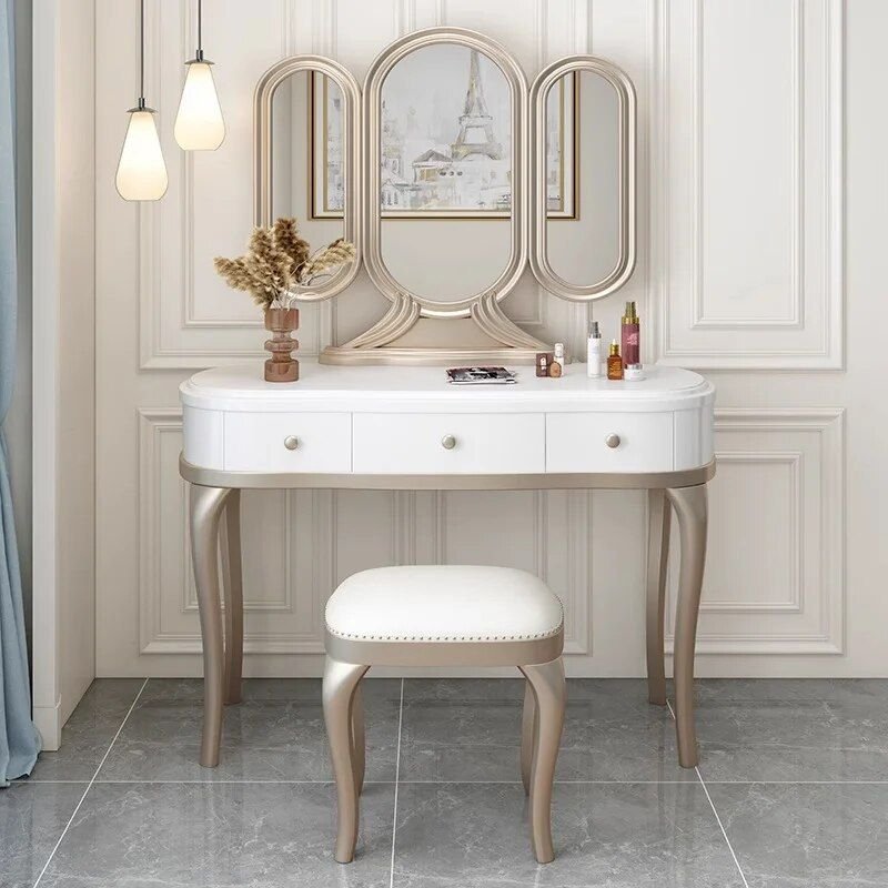 Elegant Solid Oak Wood Dressing Table Set with Mirror and Stool ...