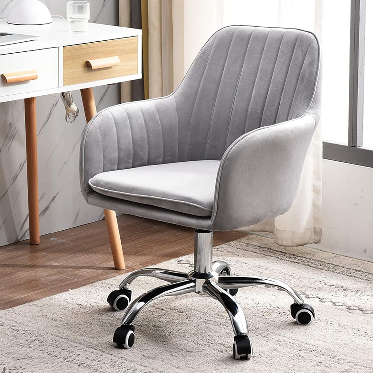 Light Gray Velvet Executive Swivel Office Chair with Rollers and Handrails
