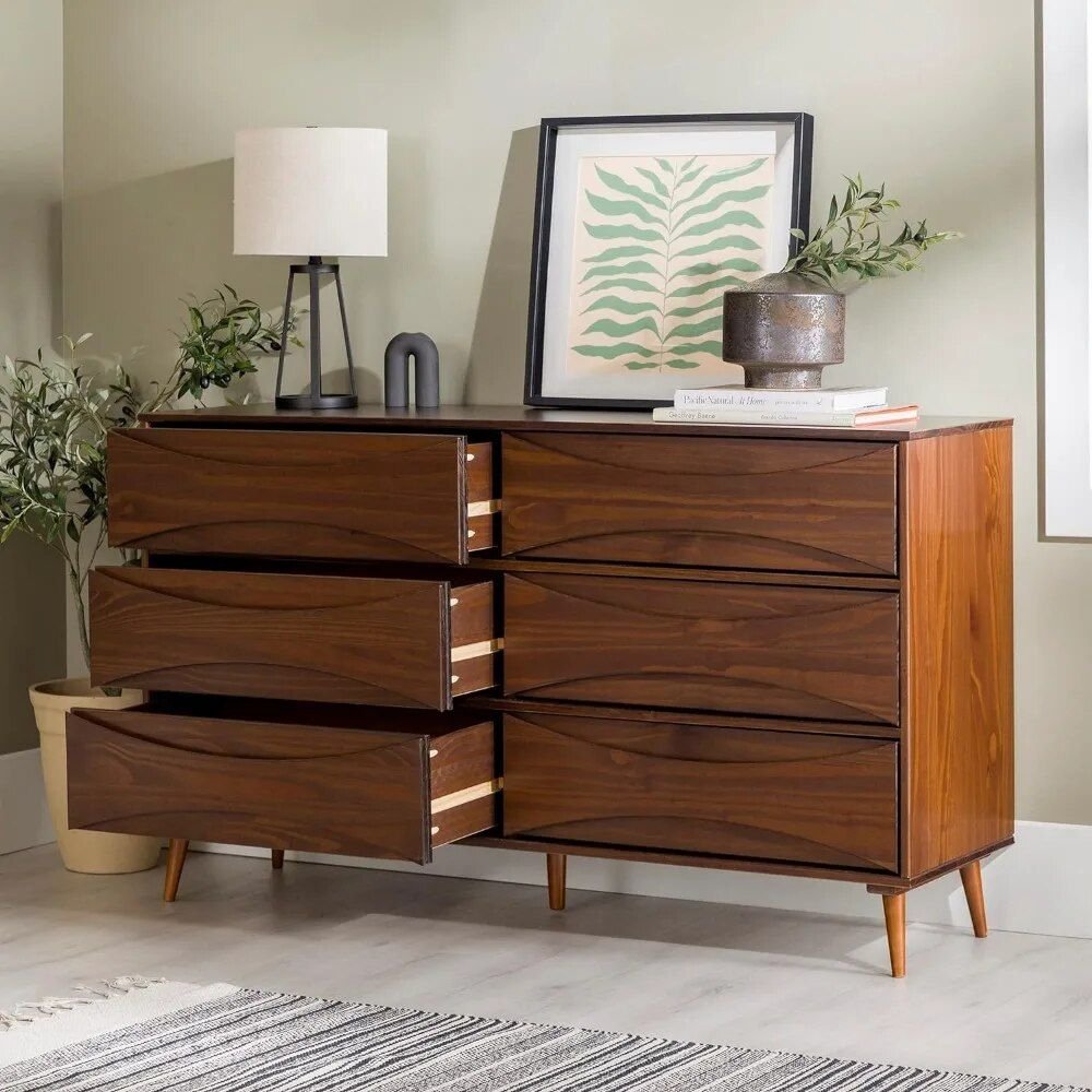 Mid-Century Modern Solid Wood Dresser, 58 Inch, Detailed-Drawer, Walnut ...