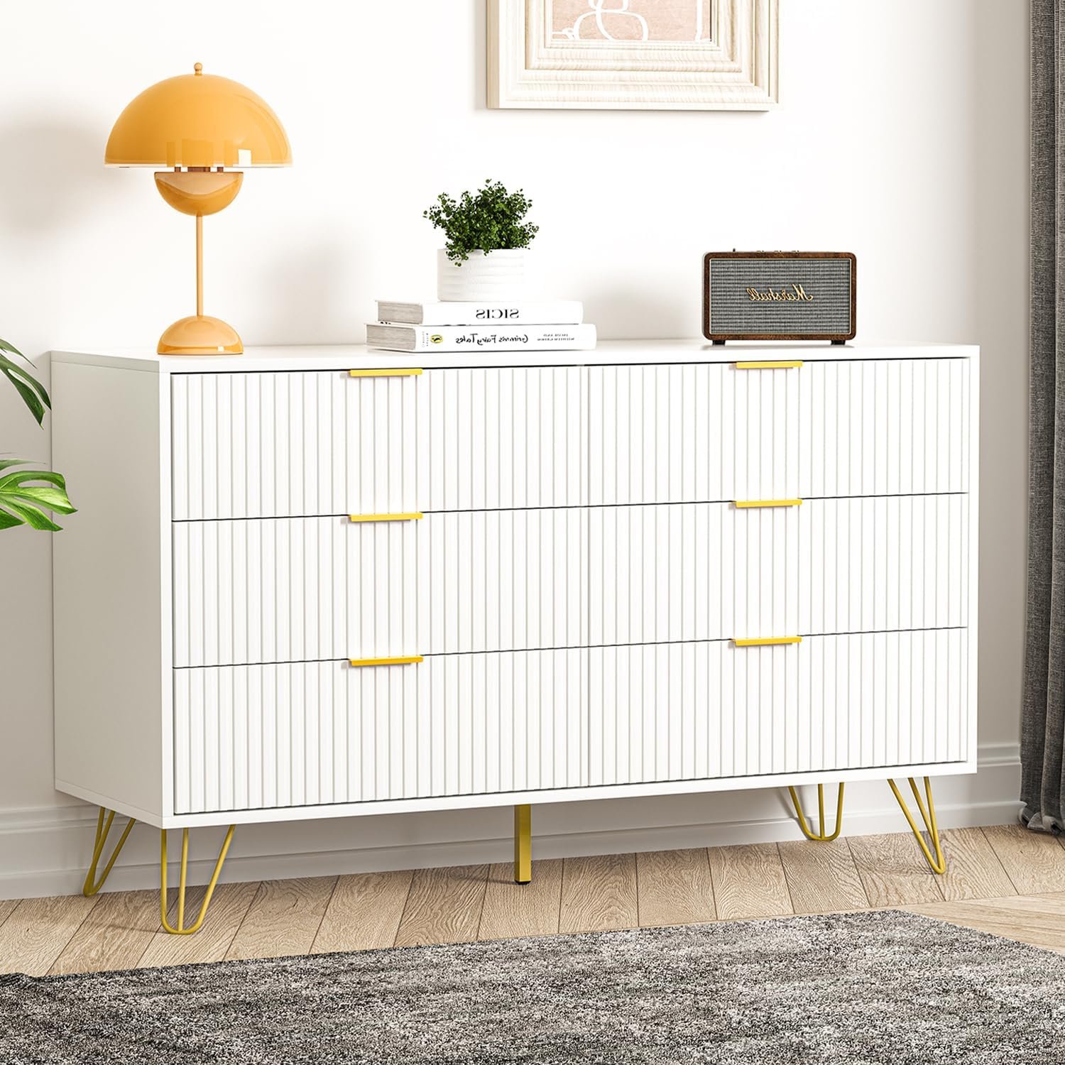 Modern 6-Drawer White Dresser with Gold Handles