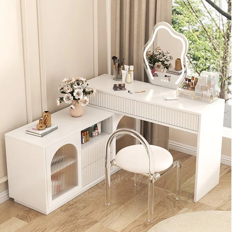 Modern Luxury Glass Dressing Table with Light Storage & Wood Mirror