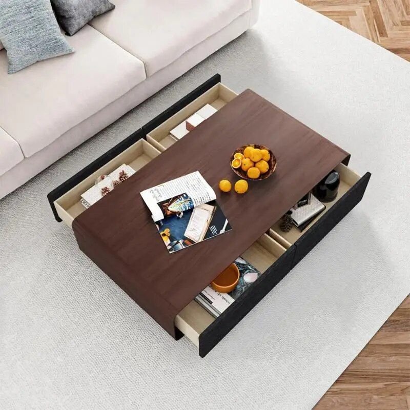 Walnut and Oak Wood Coffee Table with Hidden Storage and Modern Design